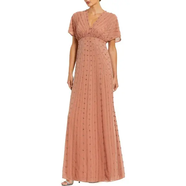 Mac Duggal Beaded Short Sleeve V-neck Empire Waist Gown - Cinnamon