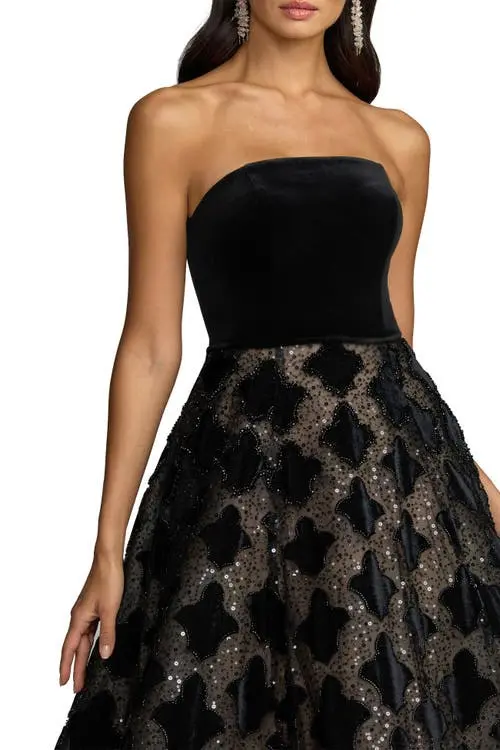 Mac Duggal Strapless Velvet Sequin Appliqué Ball Gown