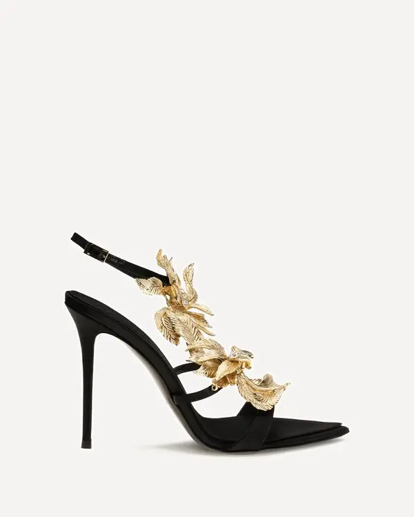GIUSEPPE ZANOTTI Incanto Silk Satin Sandals With Foliage Jewel Detail - Black