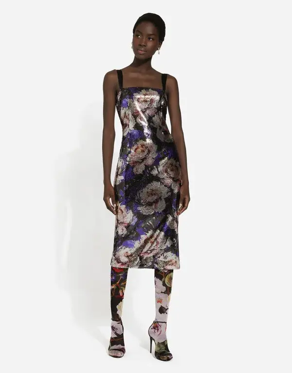 Dolce & Gabbana Dolce Gabbana Peony Printed Sequined Strapless Dress