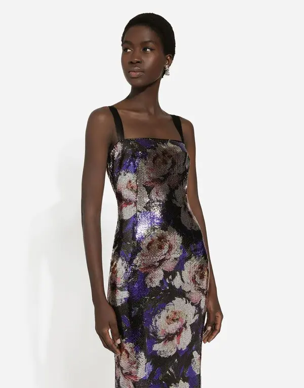 Dolce & Gabbana Dolce Gabbana Peony Printed Sequined Strapless Dress