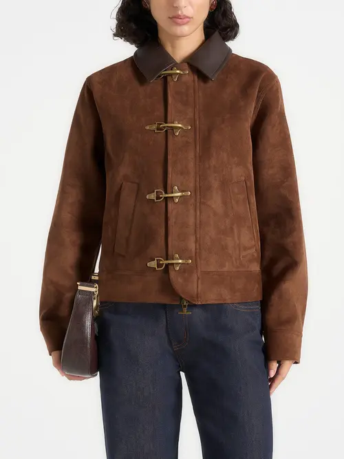 Manière De Voir Nino Clasp Detail Contrast Stitch Suede Jacket - Tan