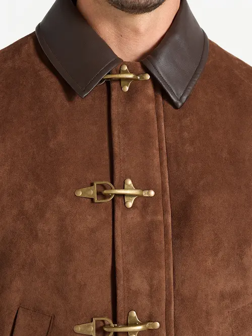 Manière De Voir Nino Clasp Detail Contrast Stitch Suede Jacket - Tan
