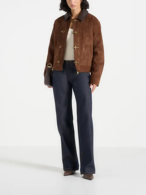 Manière De Voir Nino Clasp Detail Contrast Stitch Suede Jacket - Tan