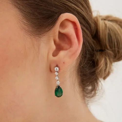 SPERO LONDON Pear Shape Emerald Color Sterling Drop Earrings