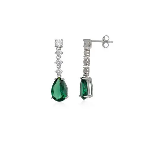SPERO LONDON Pear Shape Emerald Color Sterling Drop Earrings - Silver