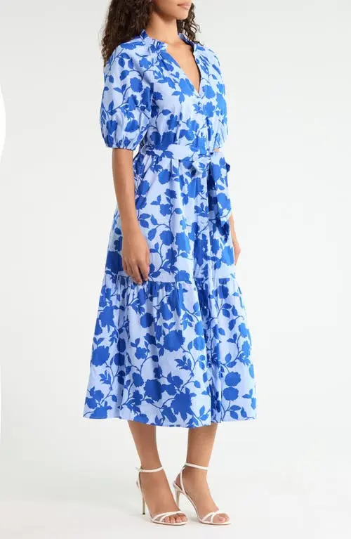 SUGARLIPS Wynette Tiered Belted Cotton Midi Dress - Blues-multi