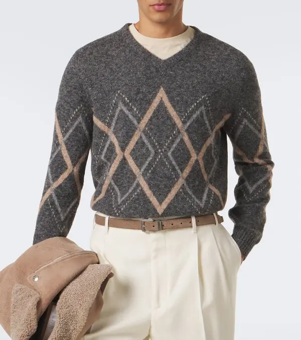 Brunello Cucinelli Argyle Alpaca, Cashmere, And Wool-blend Sweater
