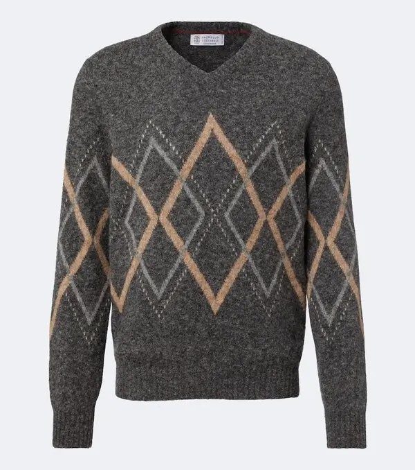 Brunello Cucinelli Argyle Alpaca, Cashmere, And Wool-blend Sweater - Grey