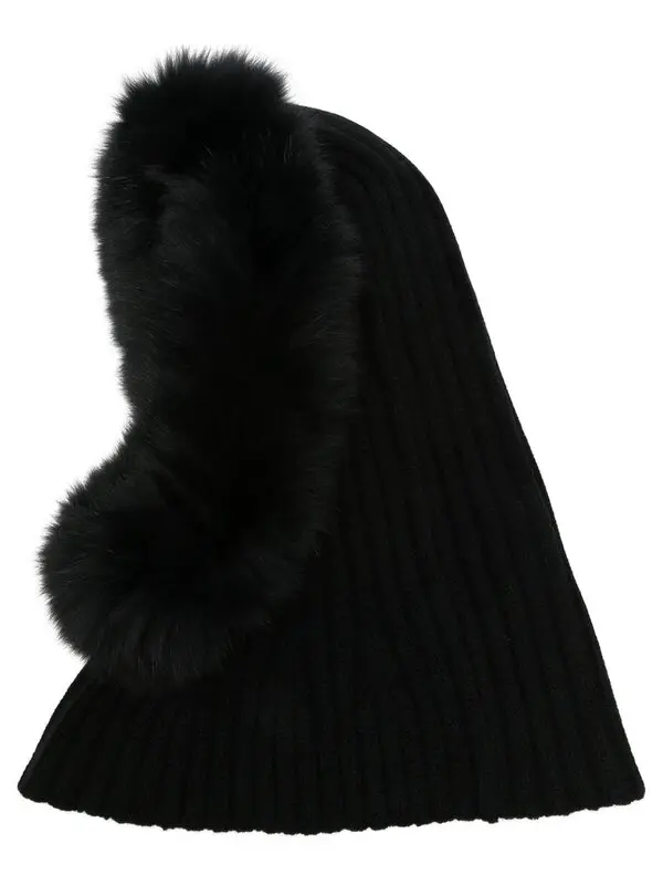 YVES SALOMON Passamontagna In Lana E Cashmere A Coste Con Rifinitura In Pelliccia - Black