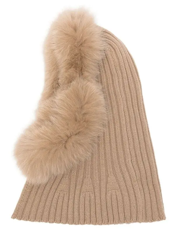 YVES SALOMON Passamontagna In Lana E Cashmere A Coste Con Rifinitura In Pelliccia - Brown