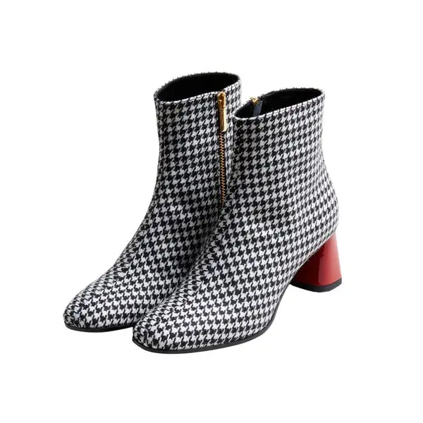 LUNA SELENE Jackie O. Houndstooth Boot With Block Heel - Red