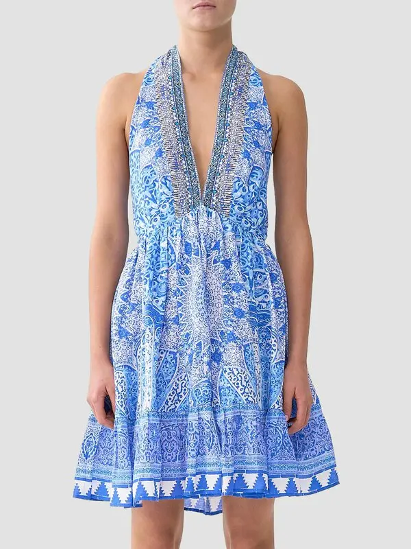 Camilla Printed Linen Ruffle-hem Halter Minidress - Blue Multi