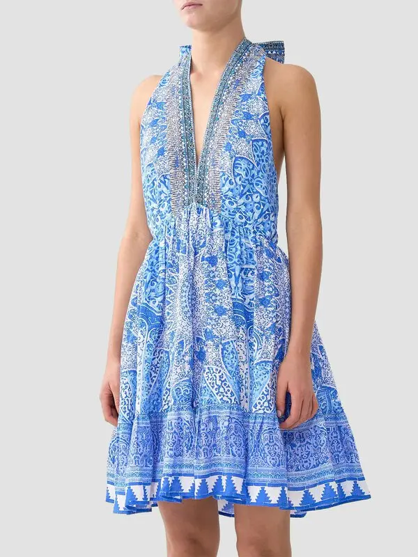 Camilla Printed Linen Ruffle-hem Halter Minidress