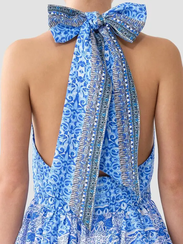Camilla Printed Linen Ruffle-hem Halter Minidress