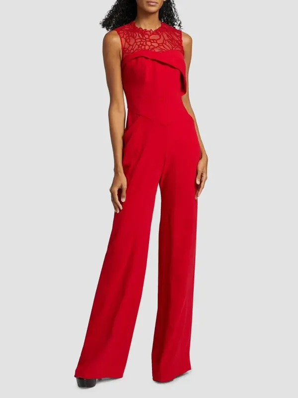 HONAYDA Crêpe Lace Neck Jumpsuit