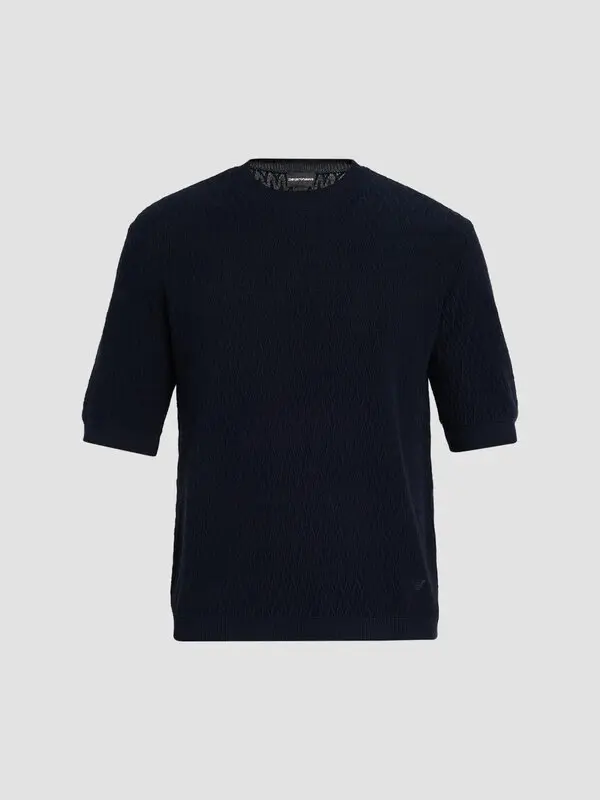 Emporio Armani Tonal Wave Cotton Short-sleeve Sweater - Total Eclipse