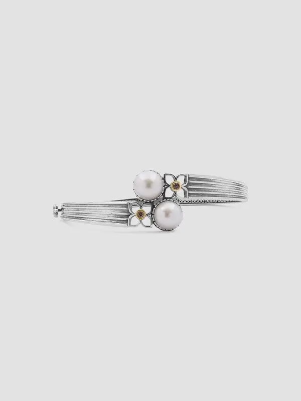 Stephen Dweck 18k Yellow Gold, Sterling 0.06 Tcw Diamond & Freshwater Pearl Bypass Bracelet - Silver