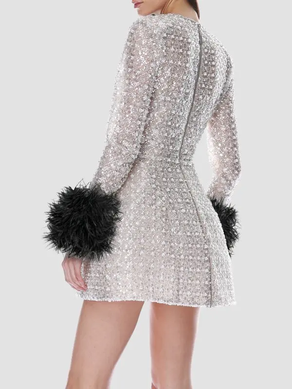 BRONX BANCO Embellished Feather-cuff Mini Dress