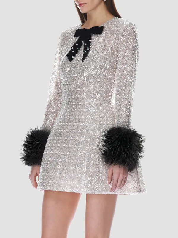 BRONX BANCO Embellished Feather-cuff Mini Dress