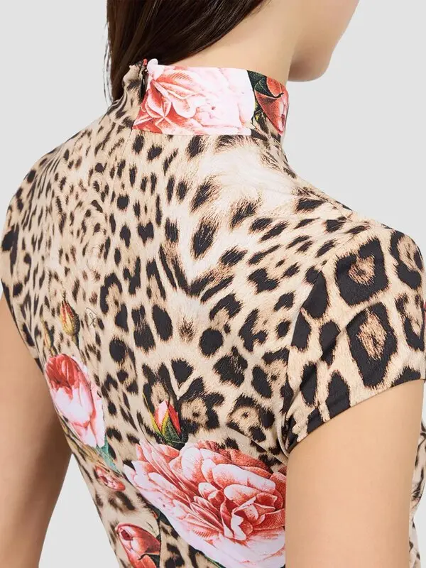 Roberto Cavalli Floral Cheetah-print Mock Turtleneck Mini Dress