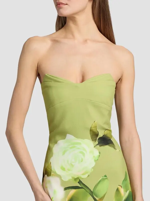 Badgley Mischka Pleated Floral Strapless Gown
