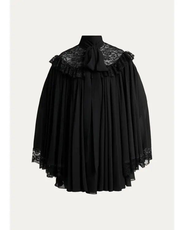 Chloé Pleated Floral Lace Tie-neck Mini Dress - Black