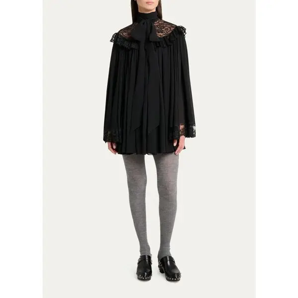 Chloé Pleated Floral Lace Tie-neck Mini Dress