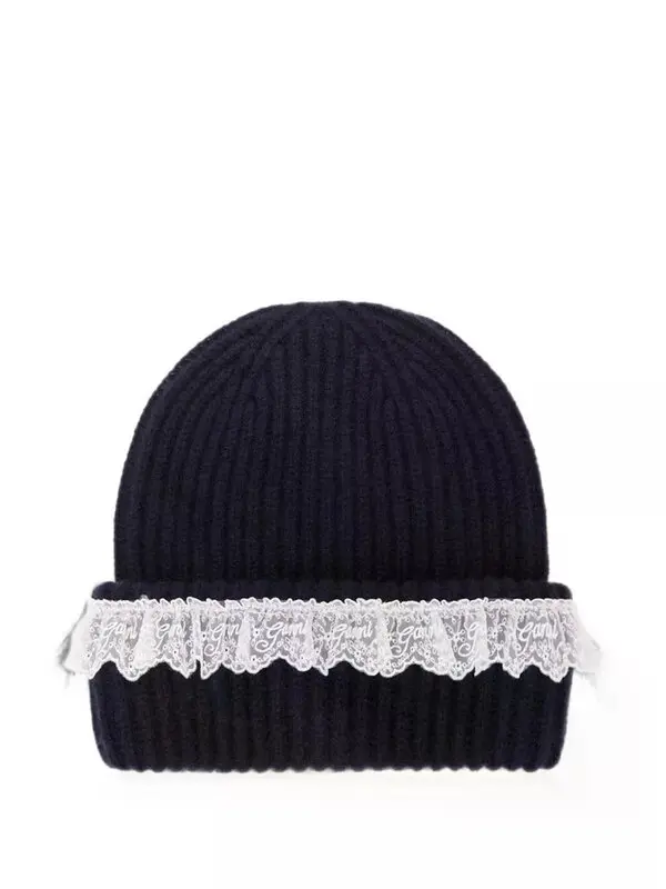 GANNI Lace-trim Ribbed Beanie Hat