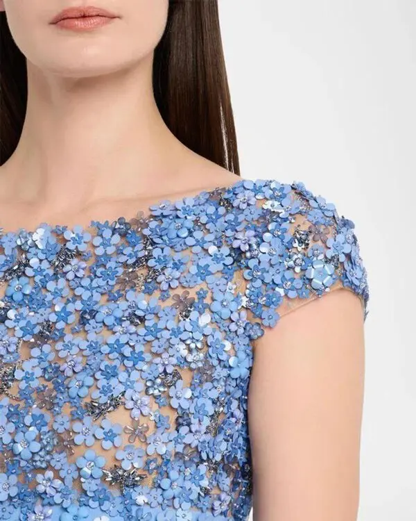 Oscar De La Renta Bitty Hoya Flowers Embroidered Cap-sleeve Gown - Hydrangeu