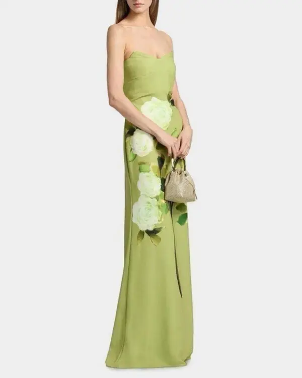Badgley Mischka Strapless Floral Print Column Gown - Lime Multi