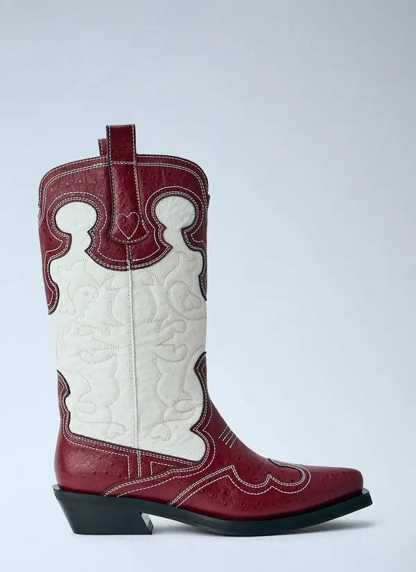 GANNI Mid Shaft Embroidered Western Boots - Red