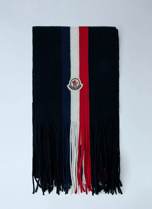 Moncler Ribbed Knit Scarf With Fringed Ends - Black