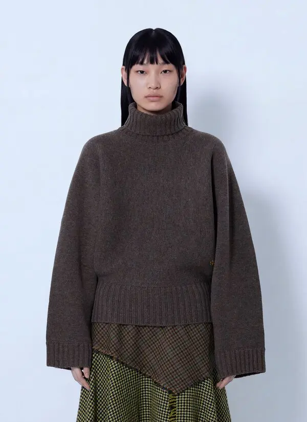 GANNI Double Knit Batwing Turtleneck - Brown