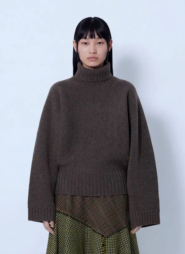 GANNI Double Knit Batwing Turtleneck - Brown