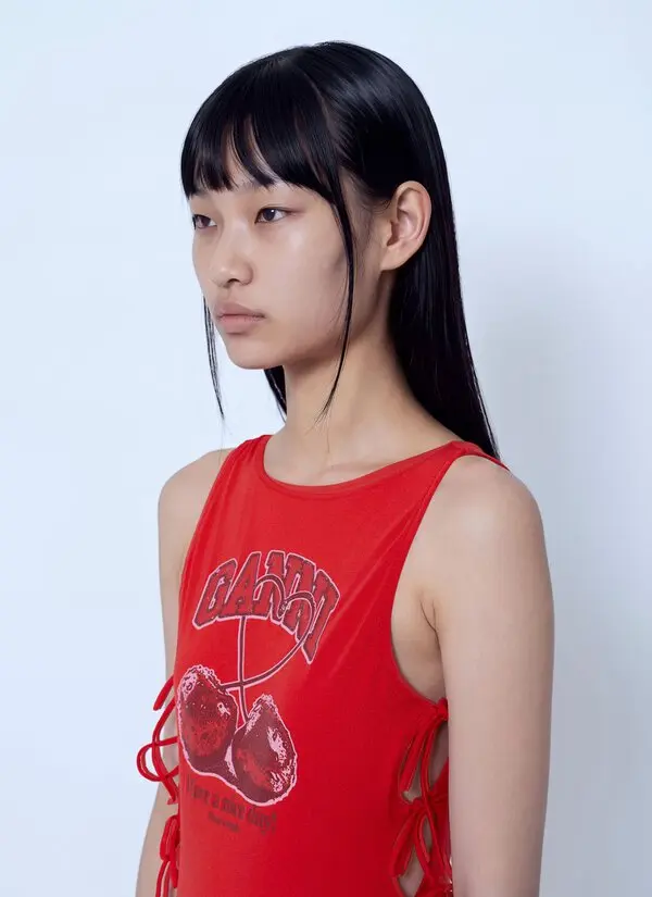GANNI Swimsuit With Tie Strings Cherry Print - Red