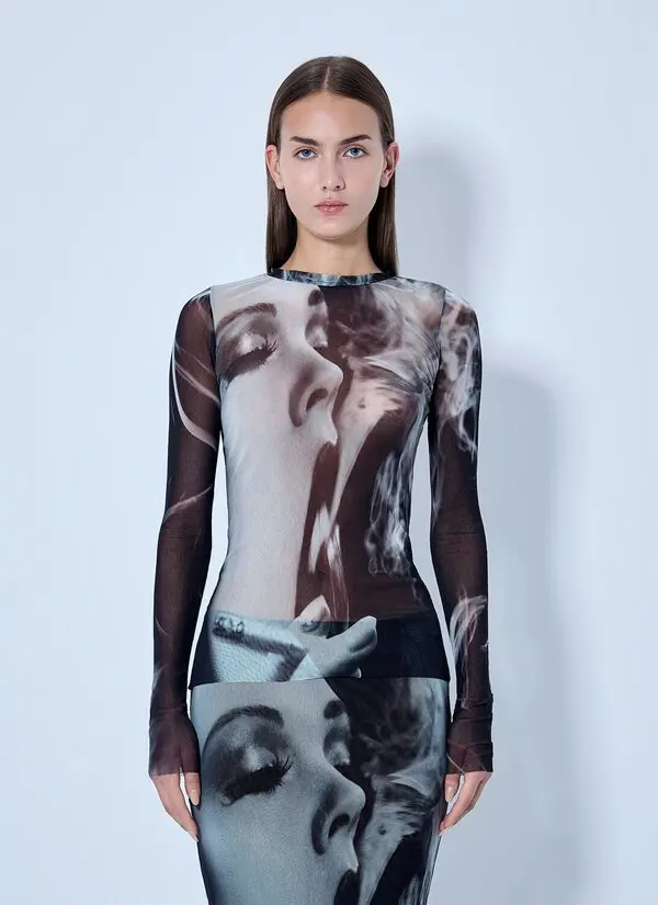 JEAN PAUL GAULTIER Mesh Printed Smoking Long Sleeves Top - Black