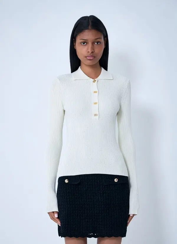 GANNI Sequin Polo Sweater - Cream