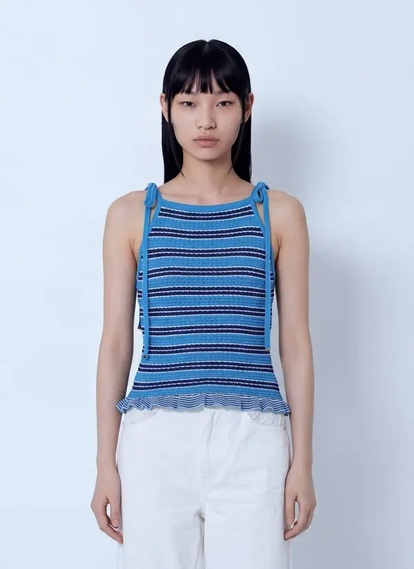 GANNI Cotton Pointelle Stripe Top - Blue