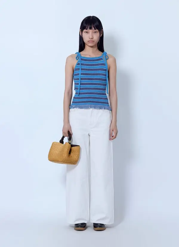 GANNI Cotton Pointelle Stripe Top - Blue