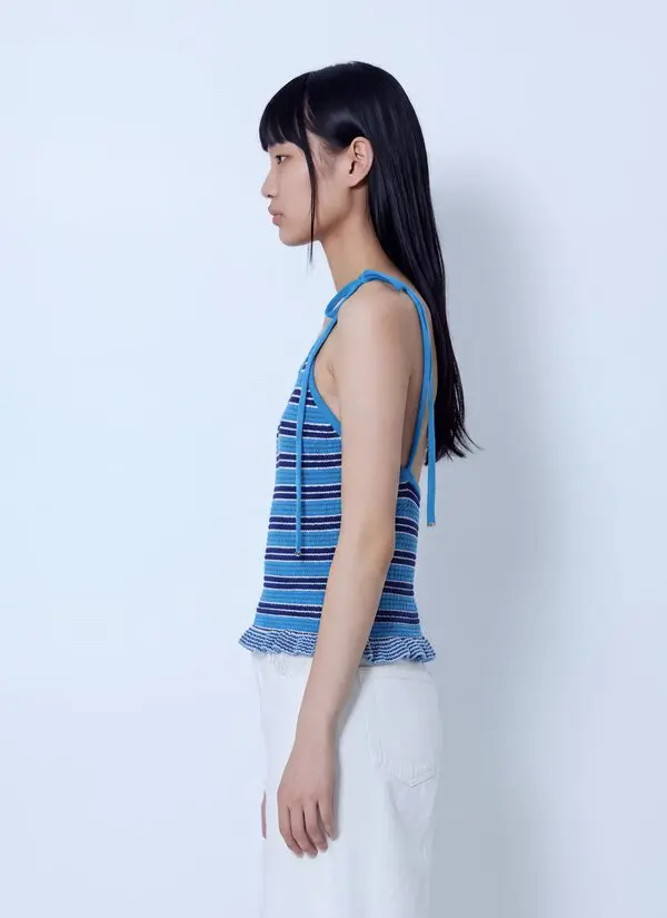 GANNI Cotton Pointelle Stripe Top - Blue