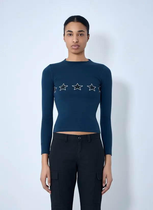 Balenciaga Star Embroidered Ribbed Top - Navy