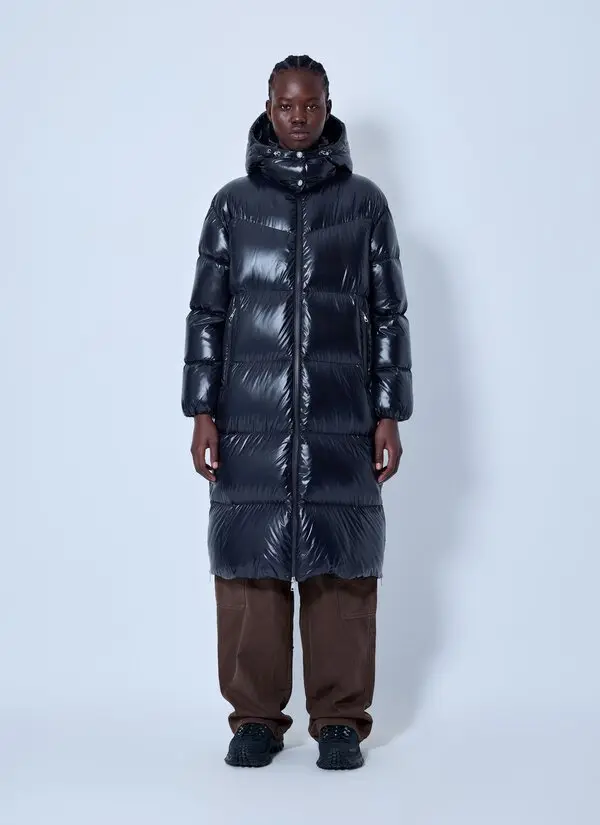 Moncler Harfang Hooded Long Down Coat - Navy