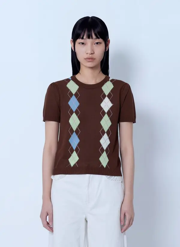 GANNI Light Cotton Argyle T-shirt - Brown