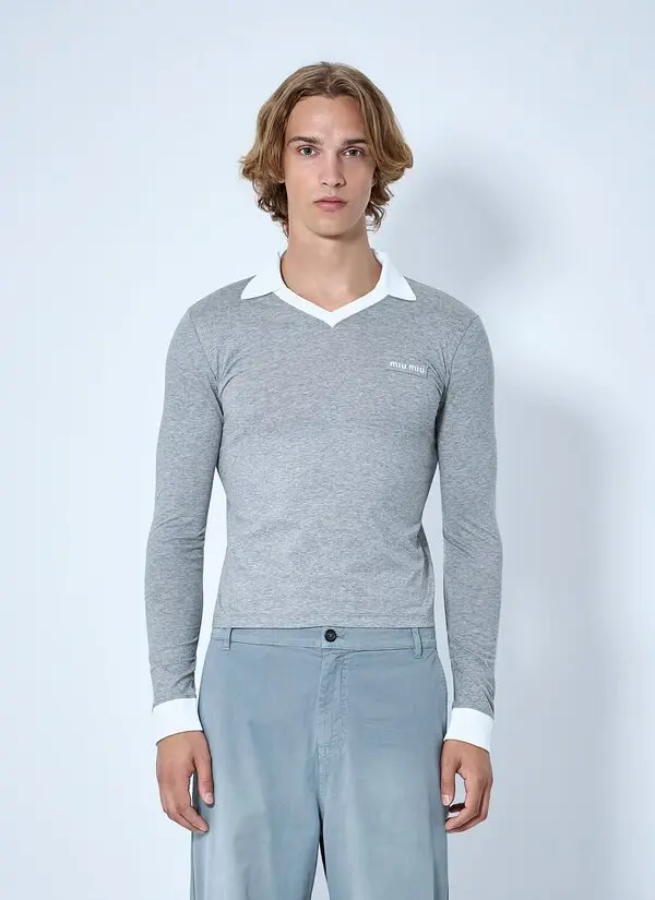 Miu Miu Collared Long Sleeve Knit Sweater - Grey