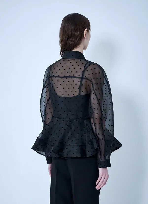 GANNI Flocked Organza Peplum Shirt - Black