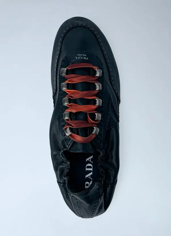 Prada Collapse Antiqued Nappa Leather Sneakers - Black