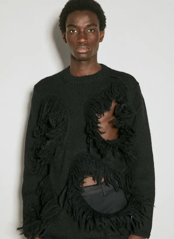Comme Des Garçons Cut-out Wool Sweater With Tassle Edge - Black