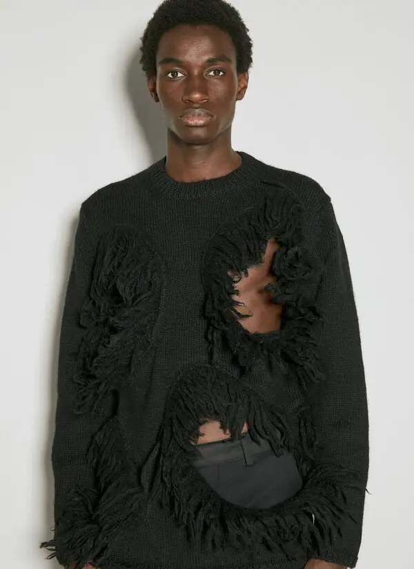 Comme Des Garçons Cut-out Wool Sweater With Tassle Edge - Black