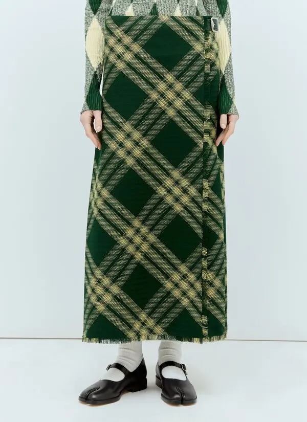 Burberry Wool Check Midi Skirt - Green
